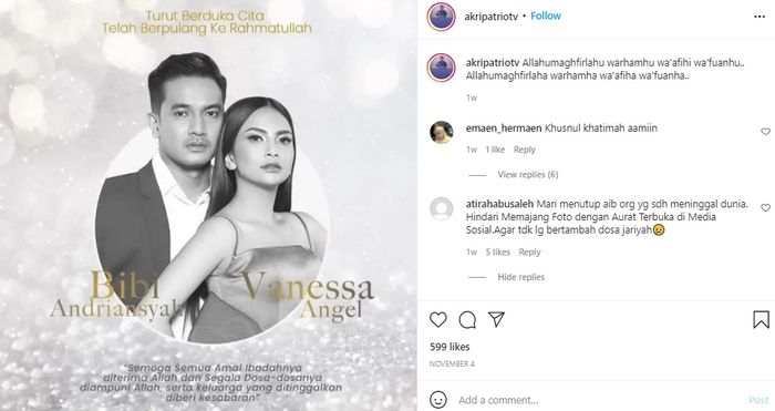 Berduka Atas Kepergian Vanessa Angel, Unggahan Akri Patrio Pajang ...