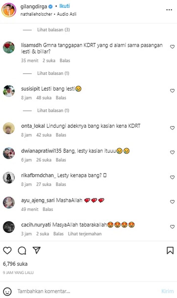 Lesti Kejora Diduga Alami KDRT dari Rizky Billar, Netizen Justru Geruduk Instagram Gilang Dirga ...