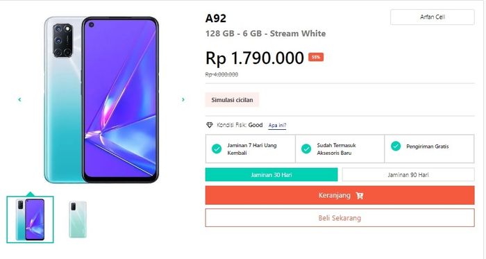 Harga HP Second OPPO A92 6/128GB Februari 2023, HP Premium 1 Jutaan ...