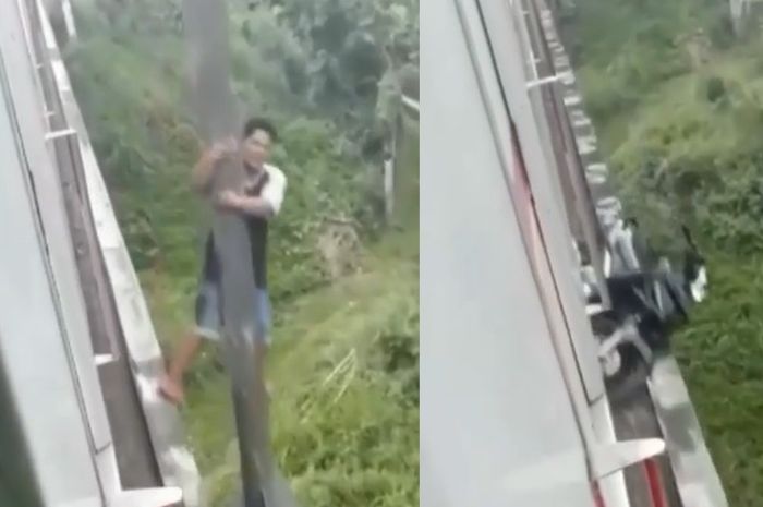 Gelantungan di Tiang Jembatan Jalur Kereta, Pria Bogor Ini Bertaruh ... Gelantungan di Tiang Jembatan Jalur Kereta, Pria Bogor Ini Bertaruh ...