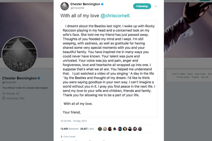 Ini Isi Surat Terakhir Chester Bennington Untuk Chris Cornell Sebelum ...