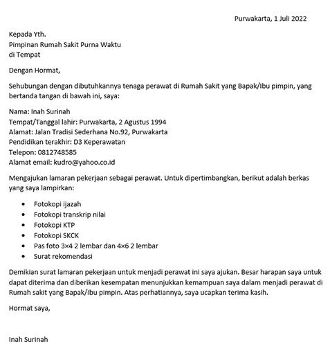 10+ Contoh Surat Lamaran Kerja Perawat dari Fresh Graduate, D3, dan S1 ...
