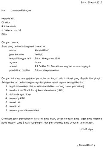 10+ Contoh Surat Lamaran Kerja Perawat dari Fresh Graduate, D3, dan S1 ...