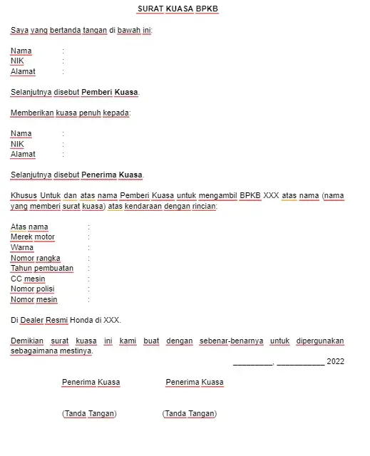 8 Contoh Surat Kuasa Pengambilan BPKB Mobil dan Motor Sesuai Format ...