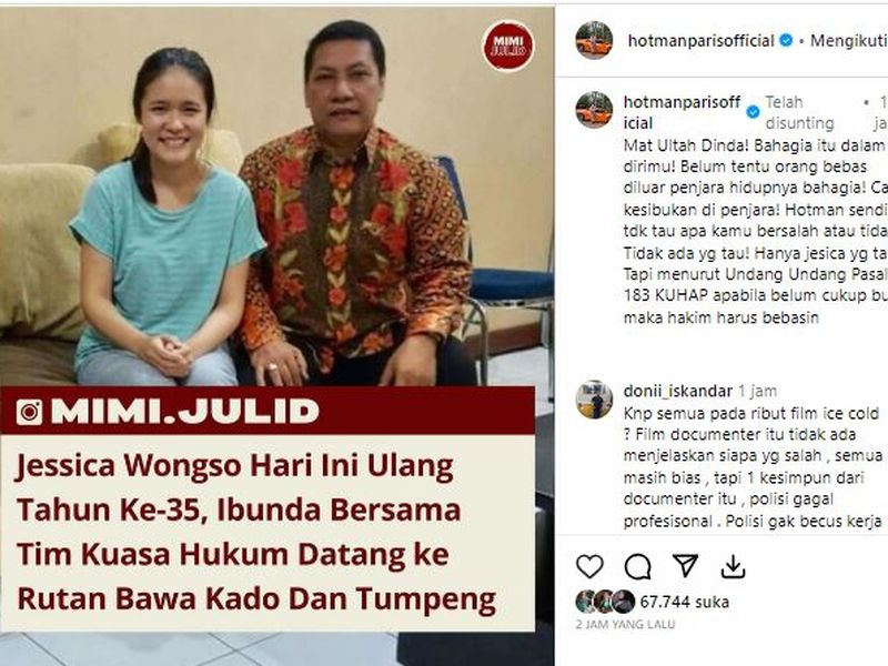 Jessica Wongso Ulang Tahun di Balik Jeruji Besi, Hotman Paris Beri Pesan Khusus ke Terpidana ...