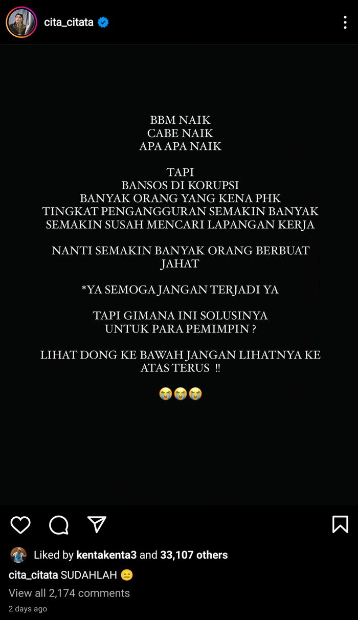 'Lihat Dong ke Bawah!', Cita Citata Suarakan Kritik Kenaikan BBM ... 'Lihat Dong ke Bawah!', Cita Citata Suarakan Kritik Kenaikan BBM ...