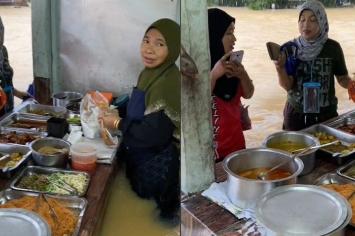 Biar Banjir Menerjang Jualan Tetap Jalan, Wanita Ini Viral Usai Buka Warung Lauk Pauk di Tengah ...